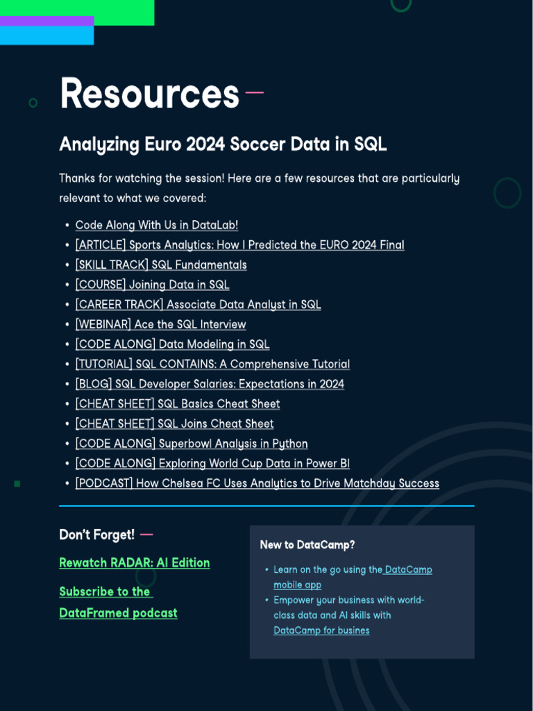 Resources - Analyzing Euro 2024 Soccer Data in SQL | PDF