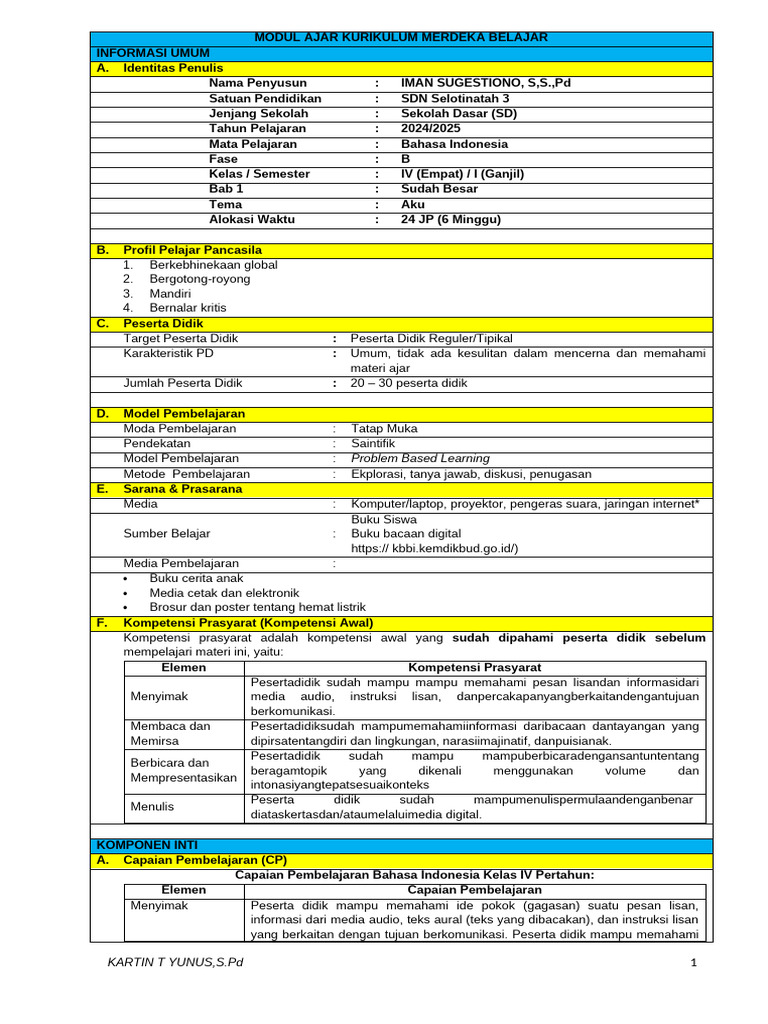 Modul Bindo Kls 4 Sms 1 | PDF