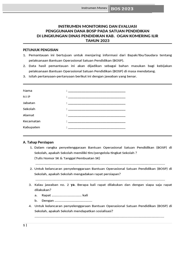 Instrumen Monev Bos Tahun 2023 | PDF