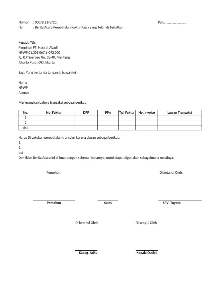 Contoh Form Berita Acara Pembatalan Faktur Pajak Format Kosong | PDF