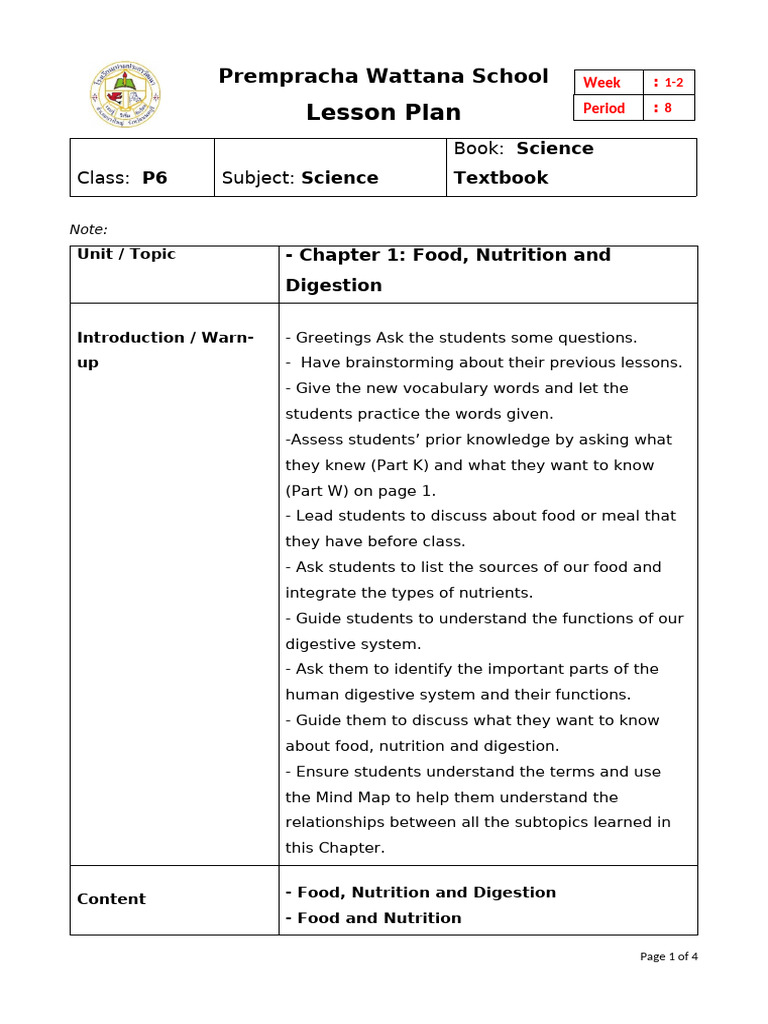 P6 Science Lesson Plan 2023-2024 | PDF