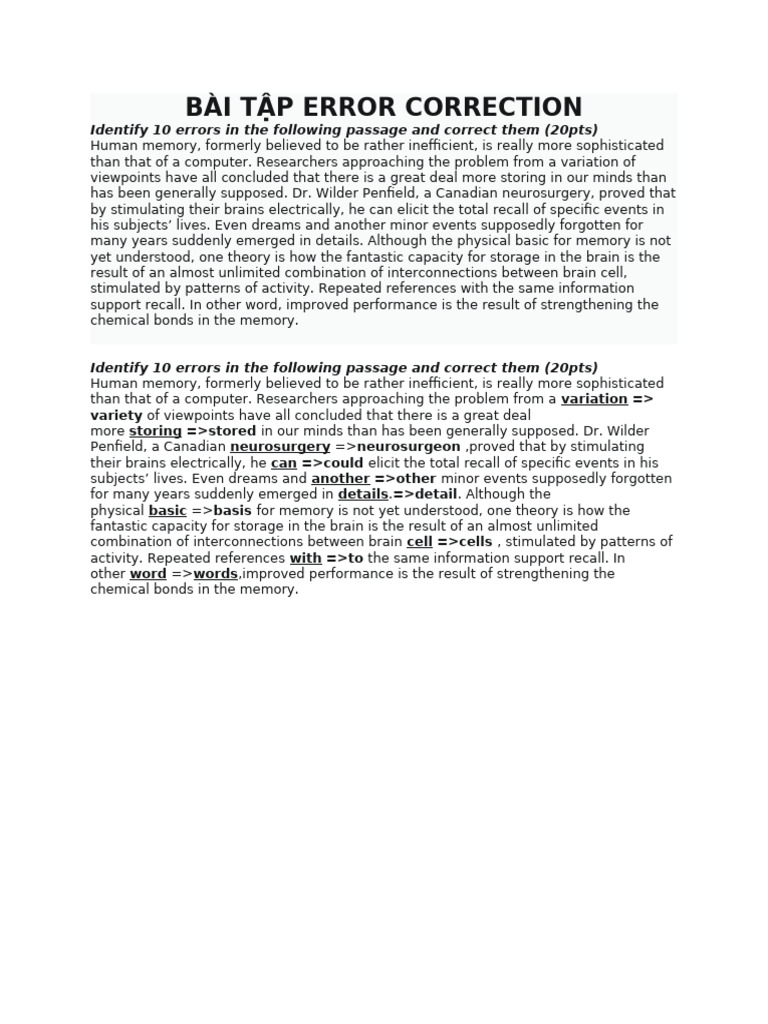 BÀI TẬP ERROR CORRECTION | PDF
