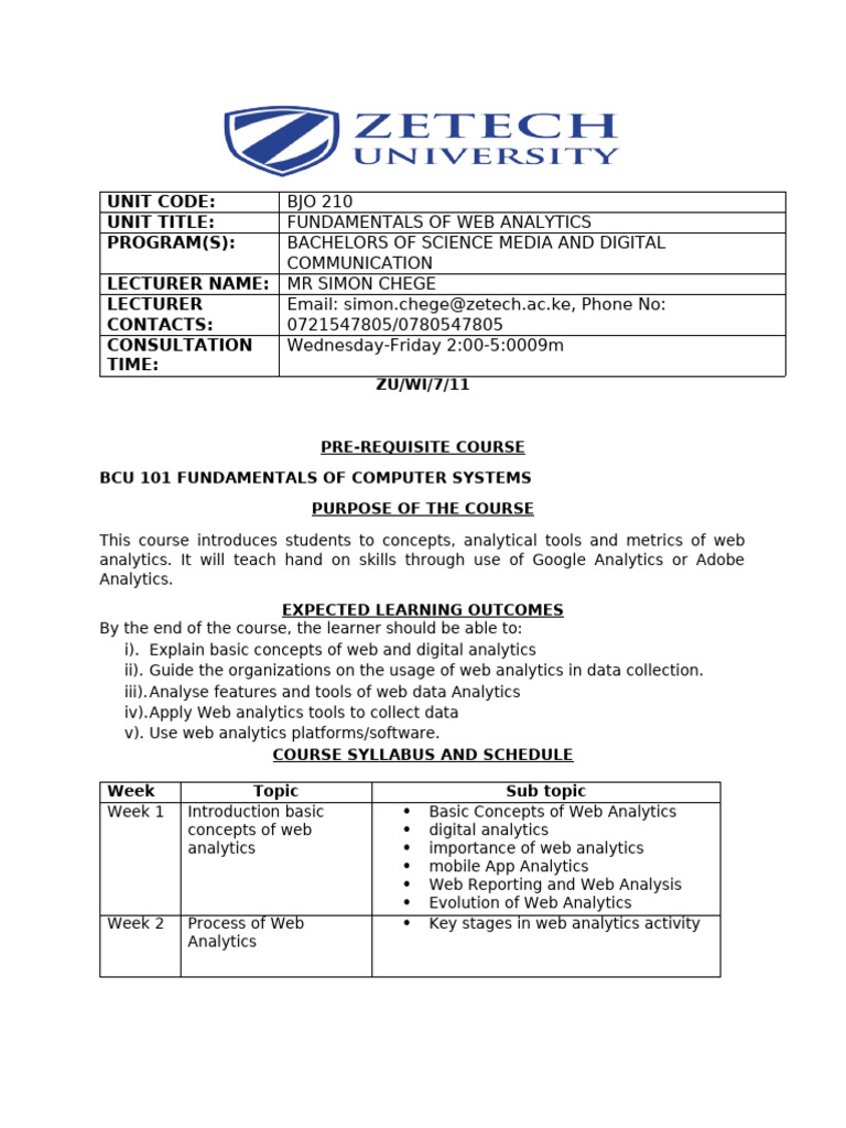 Bjo 210 Fundamentals of Web Analytics - Course Outline | PDF ...