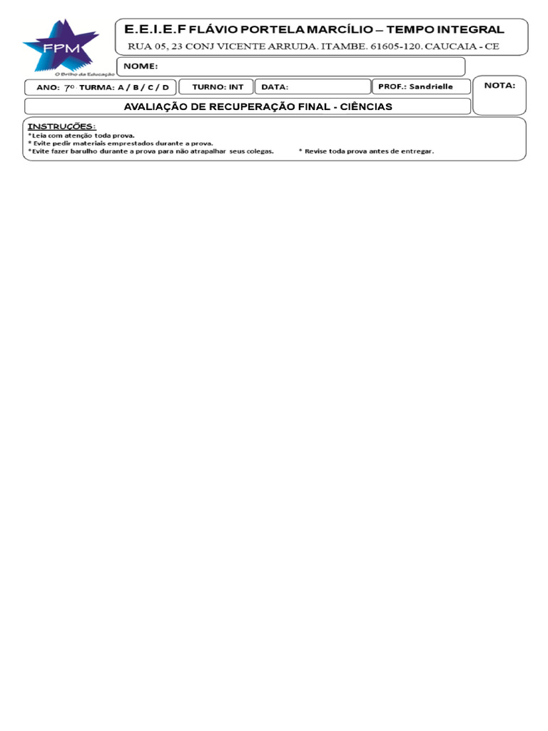 Avalição de Recuperação Final Ciências - 7º Ano (Sandrielle) | PDF