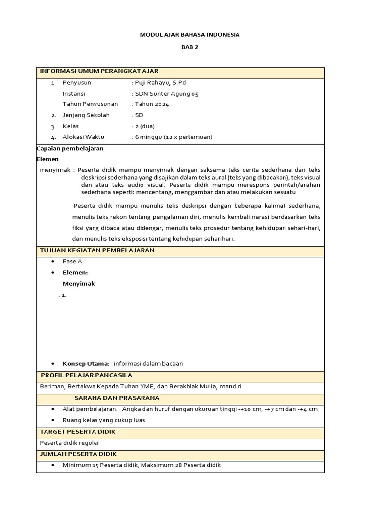 Modul Ajar BI Kls 2 Bab 2 Menjaga Kesehatan | PDF