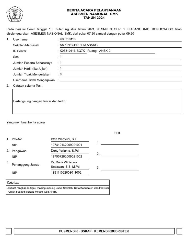 Berita Acara H 1 | PDF