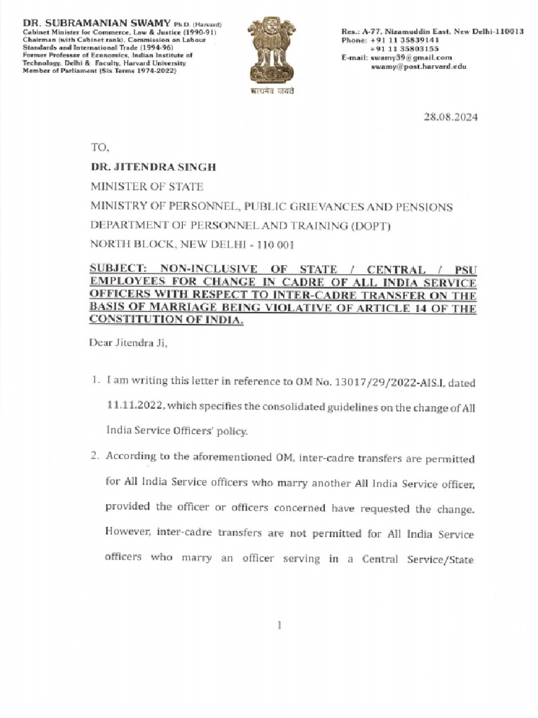 Dr. Subramanian Swamy Letter To MoS Jitendra Singh On Relaxations in Inter-Cadre Marriage ...