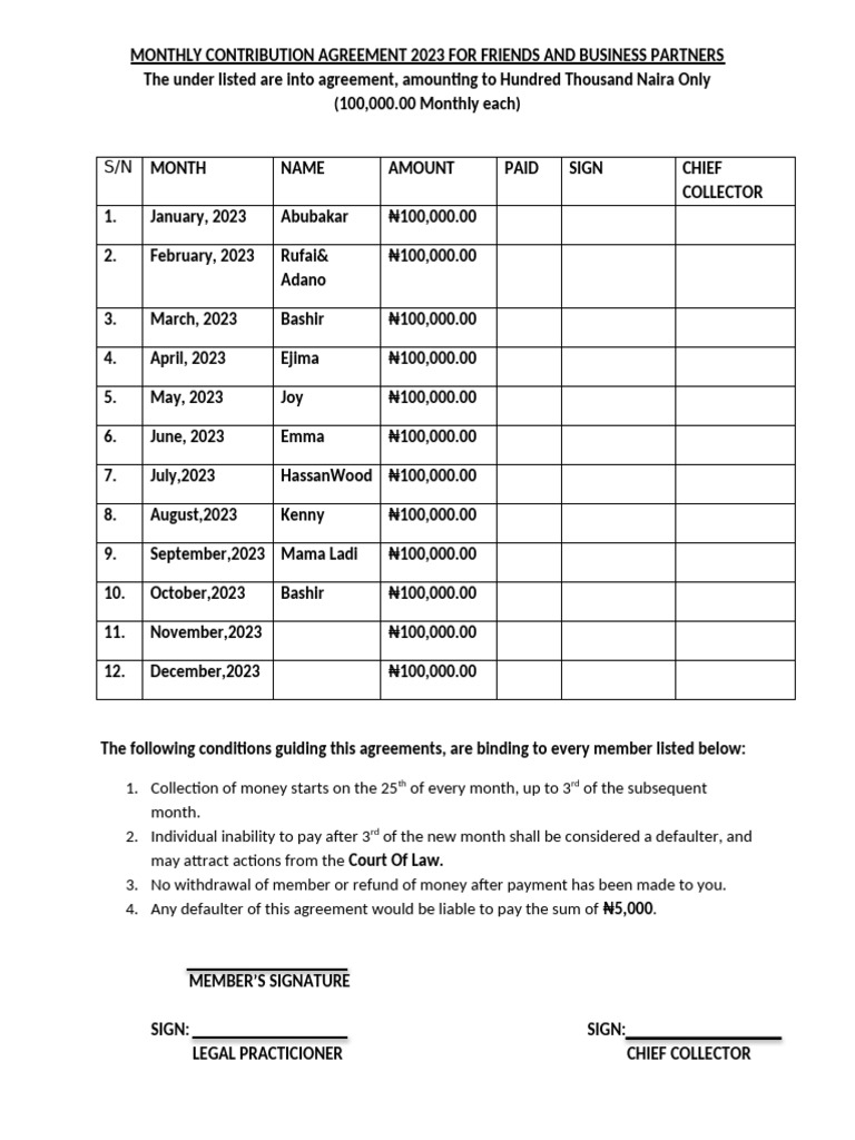 Monthly Contribution Agreement 2023 For Friends and Business Partners | PDF