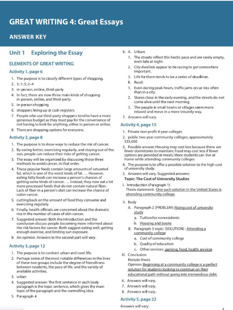 Great Writing 4 (5th Ed) Answer Key | PDF