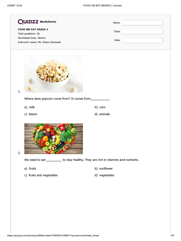 Food We Eat Grade 2 - Quizizz | PDF