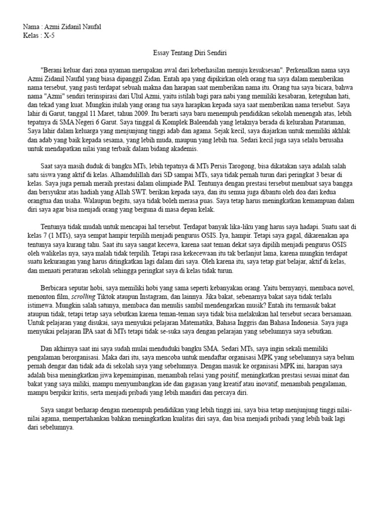 Essay Tentang Diri Sendiri - Azmi Zidanil Naufal X-5 | PDF