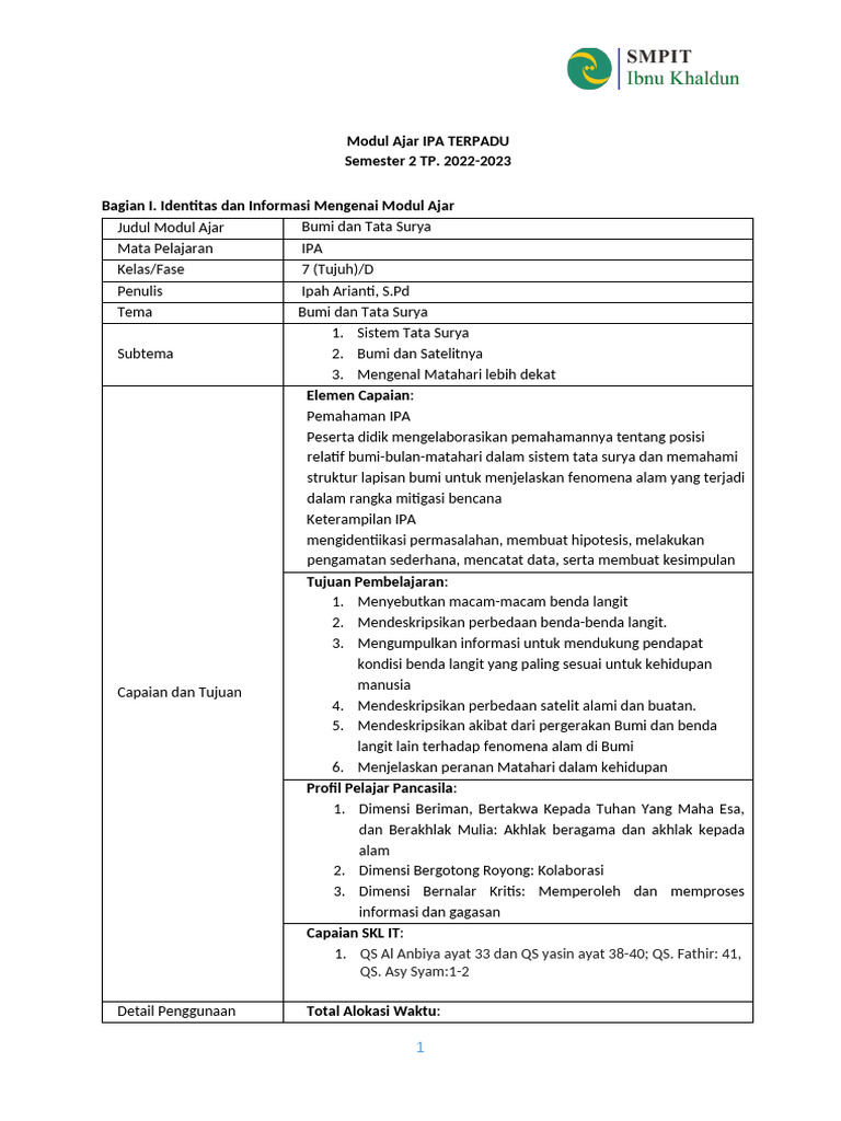 Modul Ajar Kelas 7 - Tata Surya - Ipah Arianti | PDF
