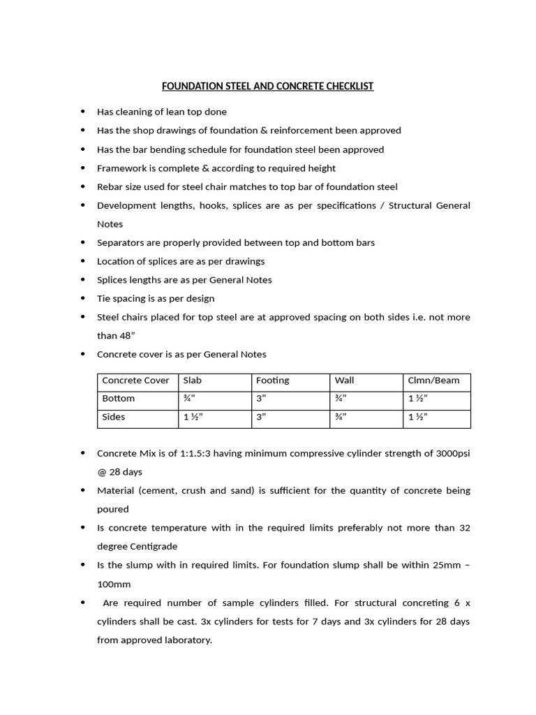 check list Foundation Steel & Concrete | PDF