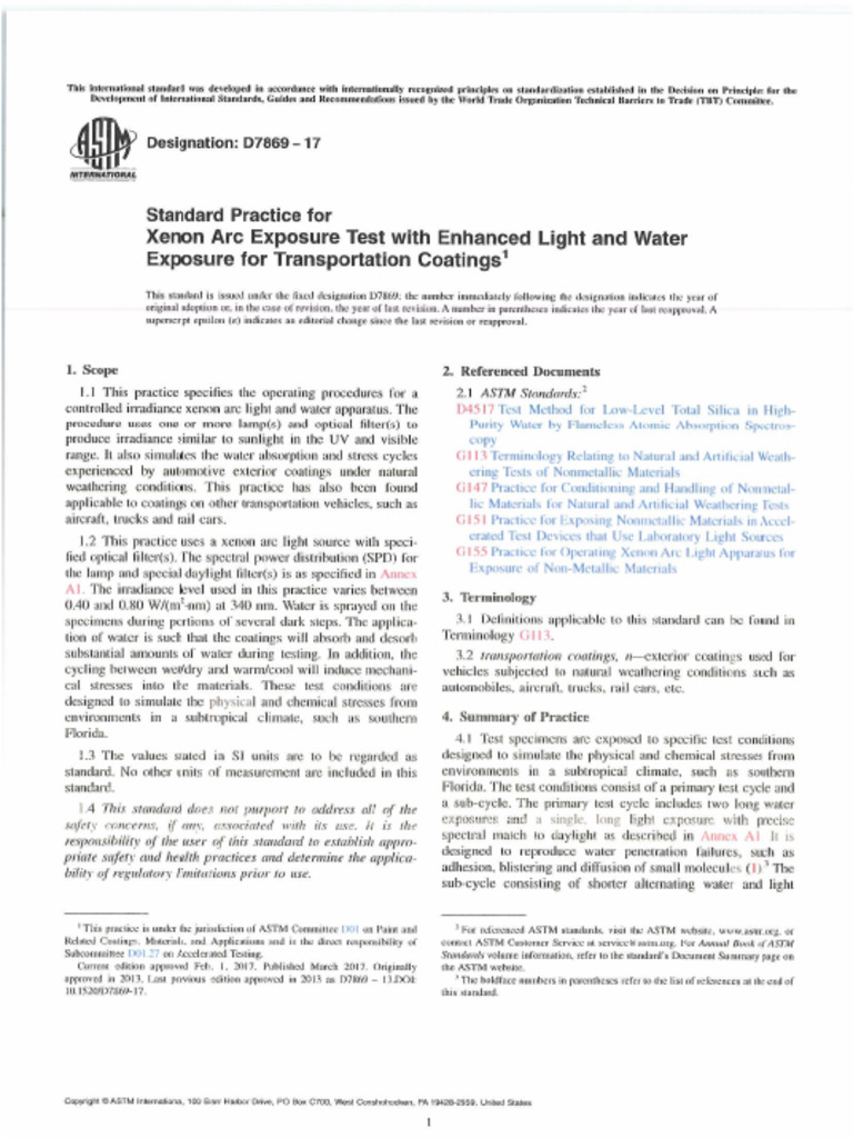 ASTM D7869-17 Xenon Arc Exposure | PDF