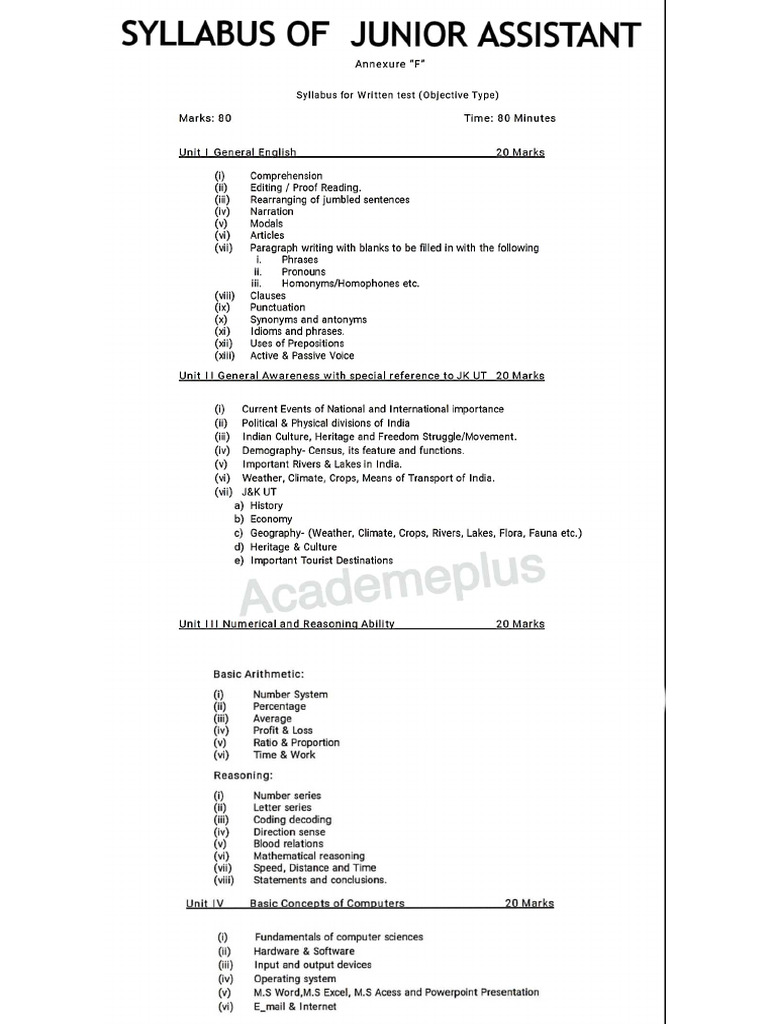 Junior Assistant Syllabus - JKSSB | PDF