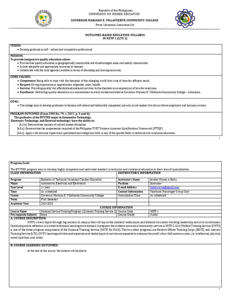 NSTP 1 LTS 1 Course Syllabus | PDF