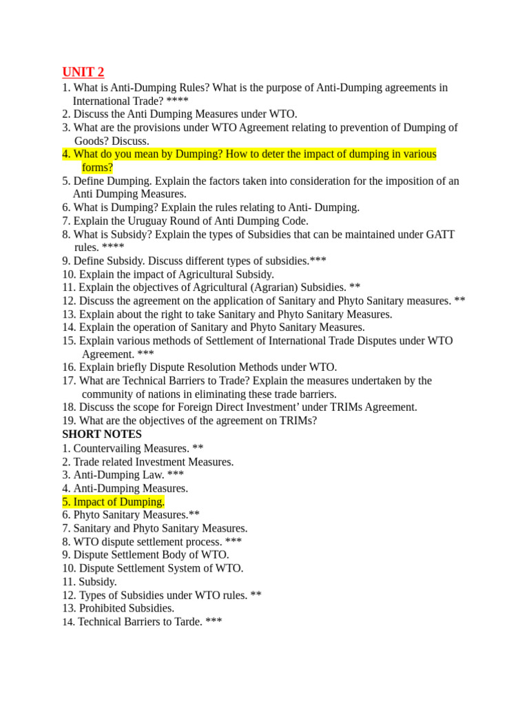 ITE Unit 2 | PDF | Dumping (Pricing Policy) | World Trade Organization