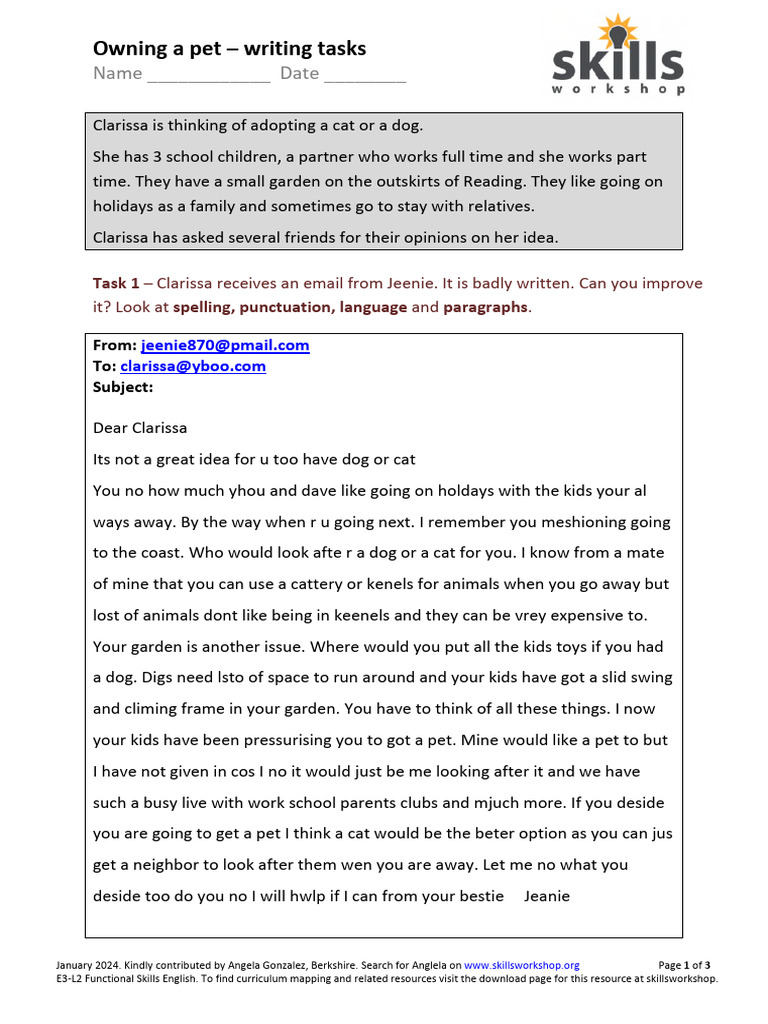 E3-L2 Owning A Pet - Writing Tasks For Functional Skills English | PDF