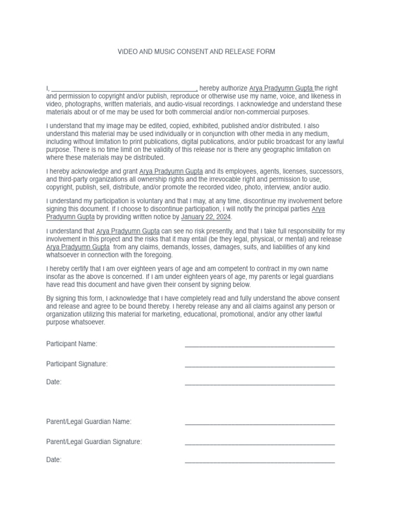 Video and Music Consent and Release Form | PDF