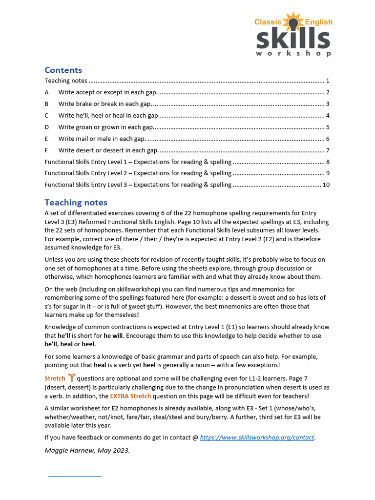 Homophone Cloze Exercises - Set 2 For Entry Level 3 and Beyond | PDF