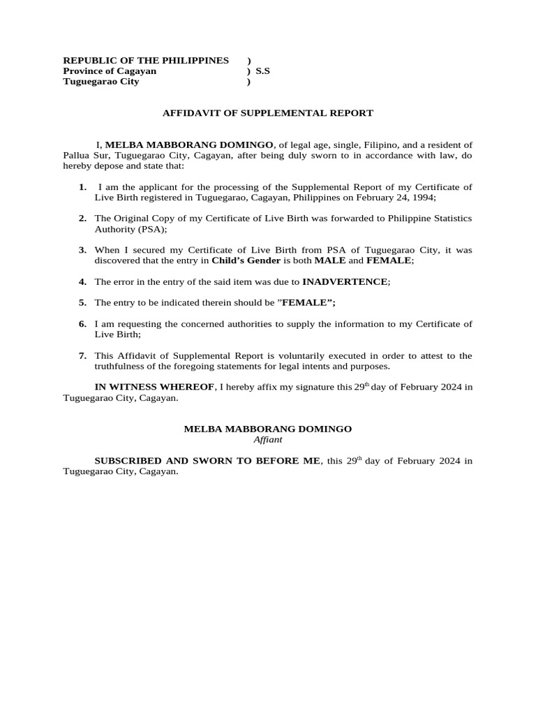 Supplemental Affidavit GENDER MF | PDF