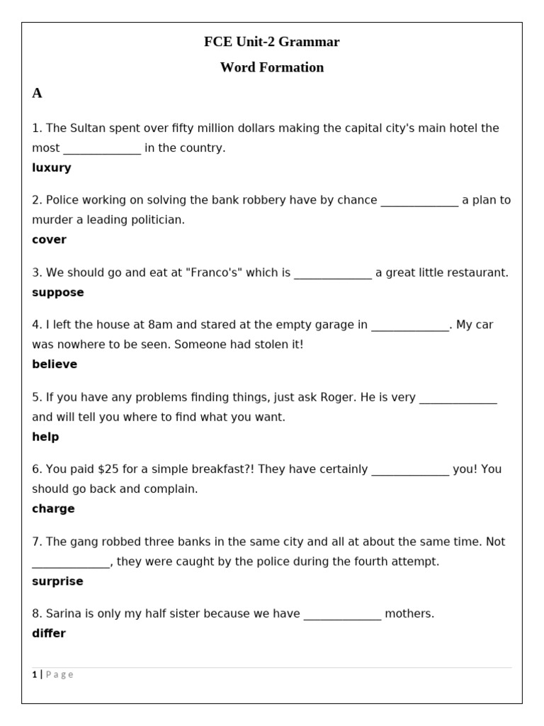 FCE Unit-2 Gr Word Formation | PDF