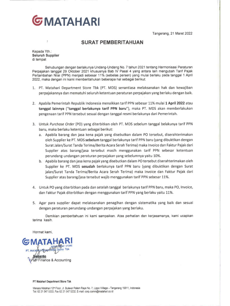Surat Pemberitahuan PPN 11% 21 Maret 2022 - Bilingual | PDF