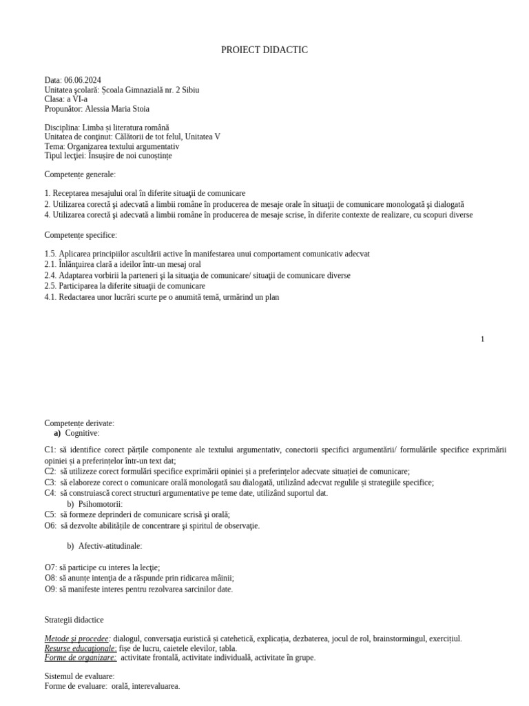 Plan de Lectie Textul Argumentativ A6a | PDF