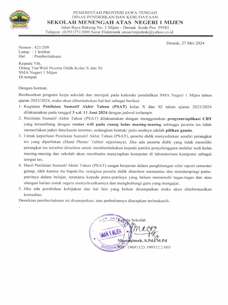 Surat Pemberitahuan Psat 2023-2024 | PDF