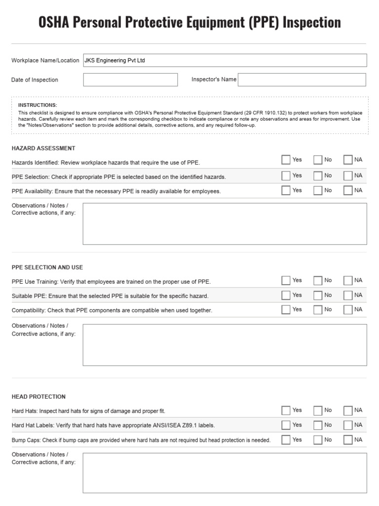 OSHA Personal Protective Equipment PPE Inspection | PDF