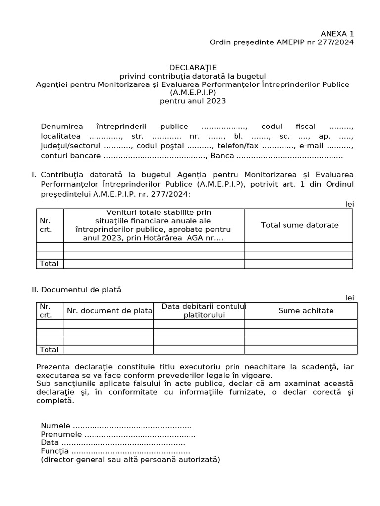 Anexa NR 1 - Ordin Presedinte AMEPIP Nr. 277 Din 2024 - Model Declaratie | PDF
