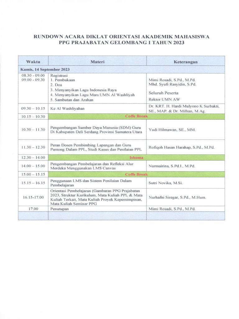 Rundown Acara Diklat Orientasi Akademik Mahasiswa PPG Prajabatan Gelombang I Tahun 2023 | PDF