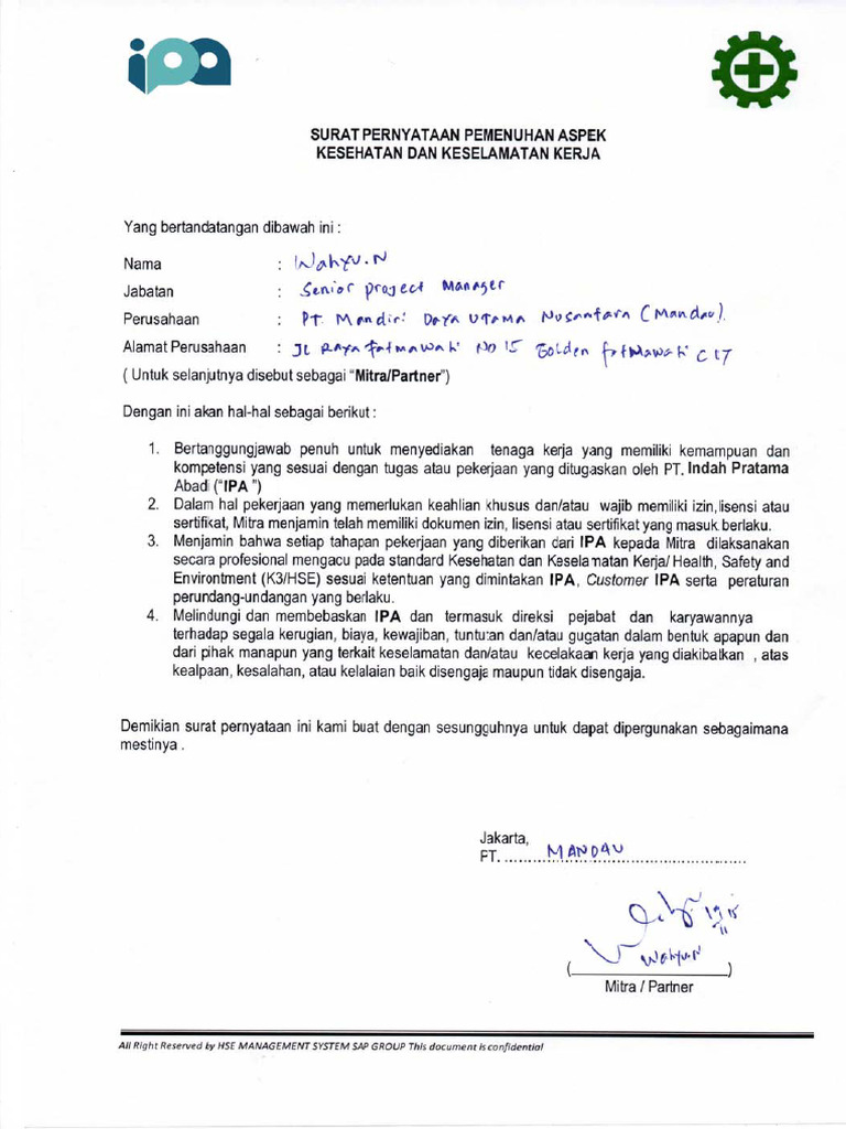 Surat Kepatuhan Safety (MAN - BUM) - IPA BDG | PDF