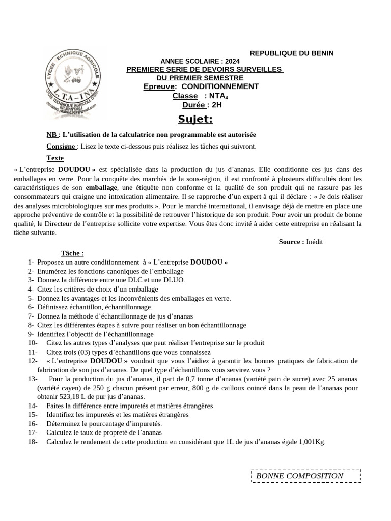 1er Dev Surv Du 1er Sem Conditionnement NTA4 | PDF