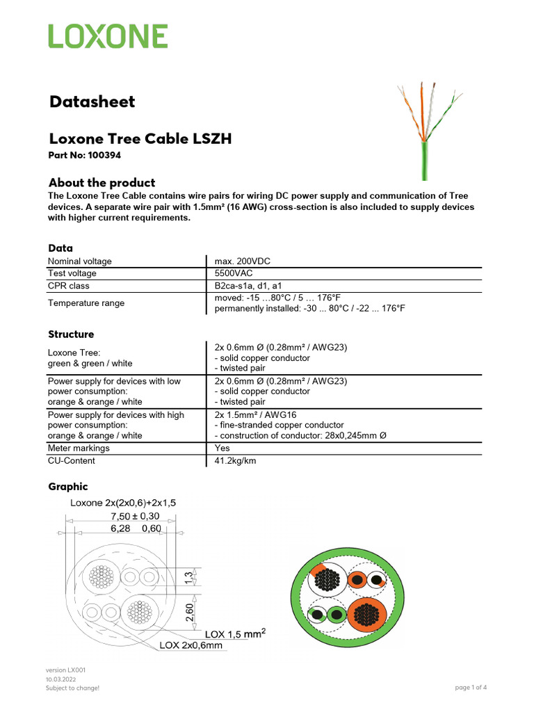 Loxone Tree Cable LSZH Datasheet | PDF | Power Supply | Electrical ...