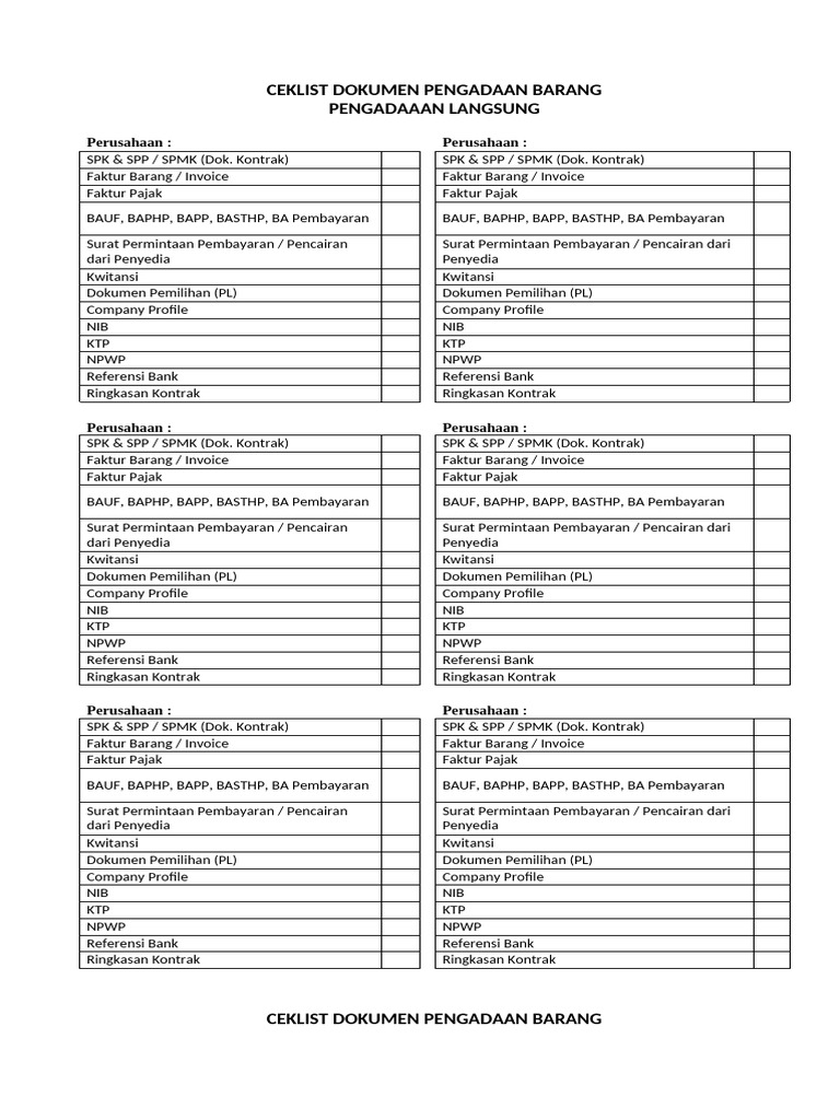Ceklist Dokumen Pengadaan Barang | PDF