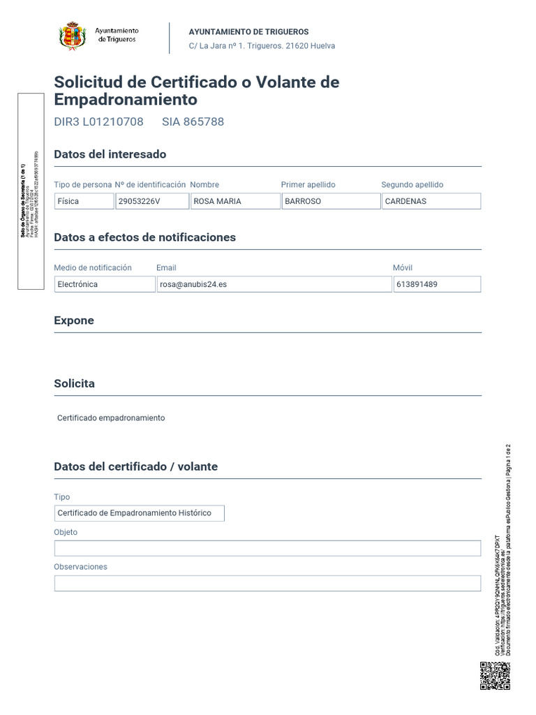Solicitud de Certificado Empadronamiento | PDF