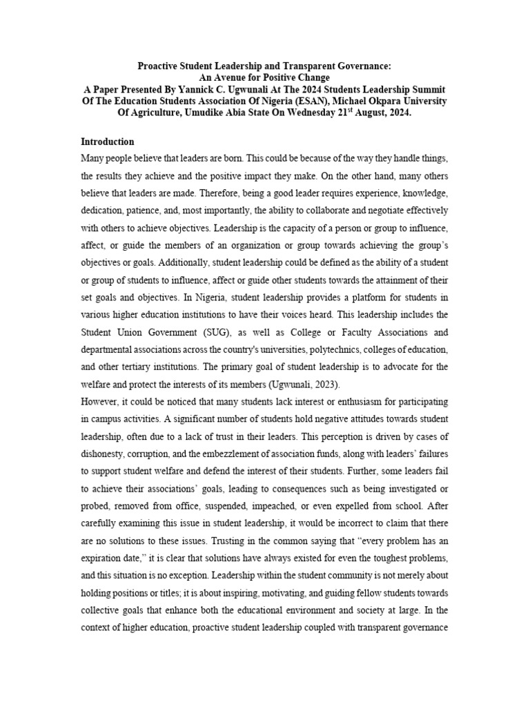 Proactive Student Leadership and Transparent Governance | PDF ...