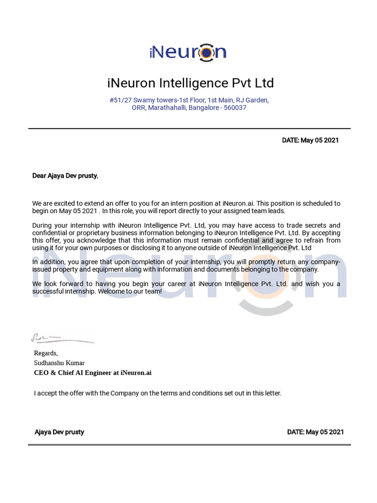 Ineuron Intelligence PVT LTD: #51/27 Swamy Towers-1St Floor, 1St Main, RJ Garden, Orr ...