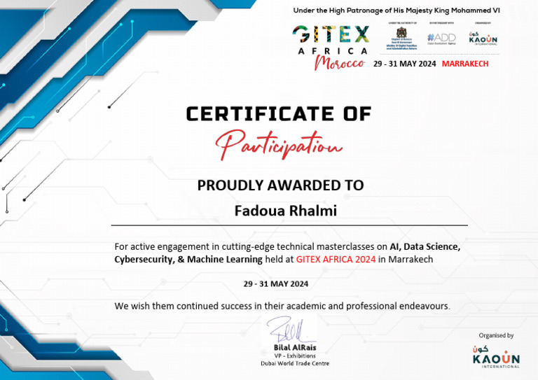 GITEX Africa Conference 2024 Certificate of Participation - Masterclass | PDF