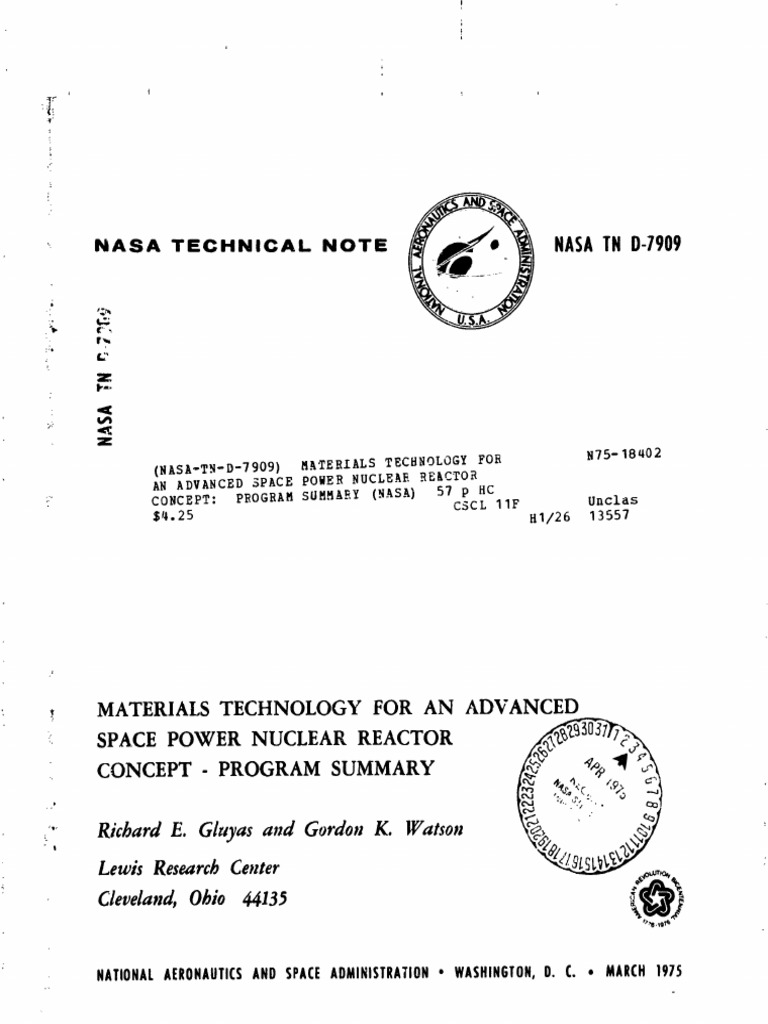 Nasa Technical Note NASA TN D-7909: For An Advanced Reactor ., Program ...