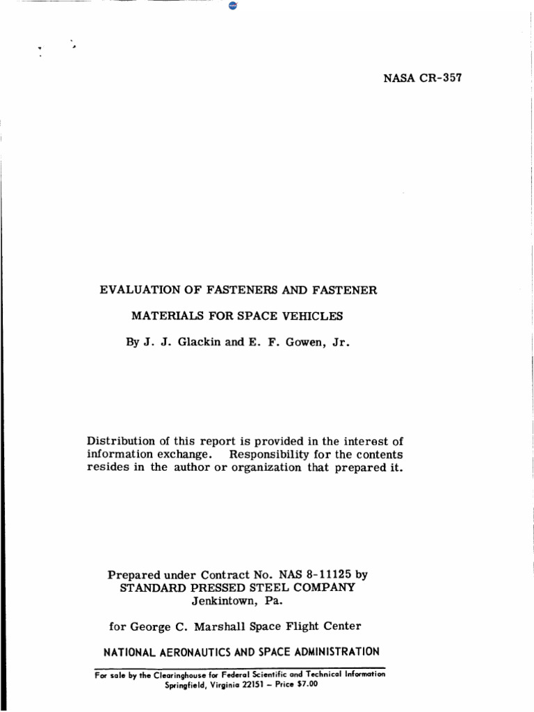 Nasa CR-357: Evaluation OF Fasteners AND Fastener | PDF