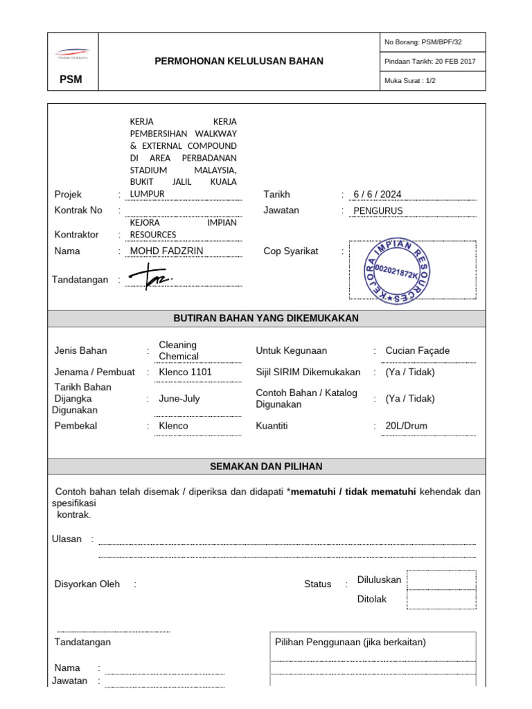 BPF-32 - PERMOHONAN - KELULUSAN - BAHAN (1) - Klenco | PDF