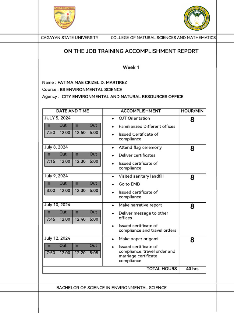 OJT Accomplishment Report - WEEK 1 - MARTIREZ 1 | PDF