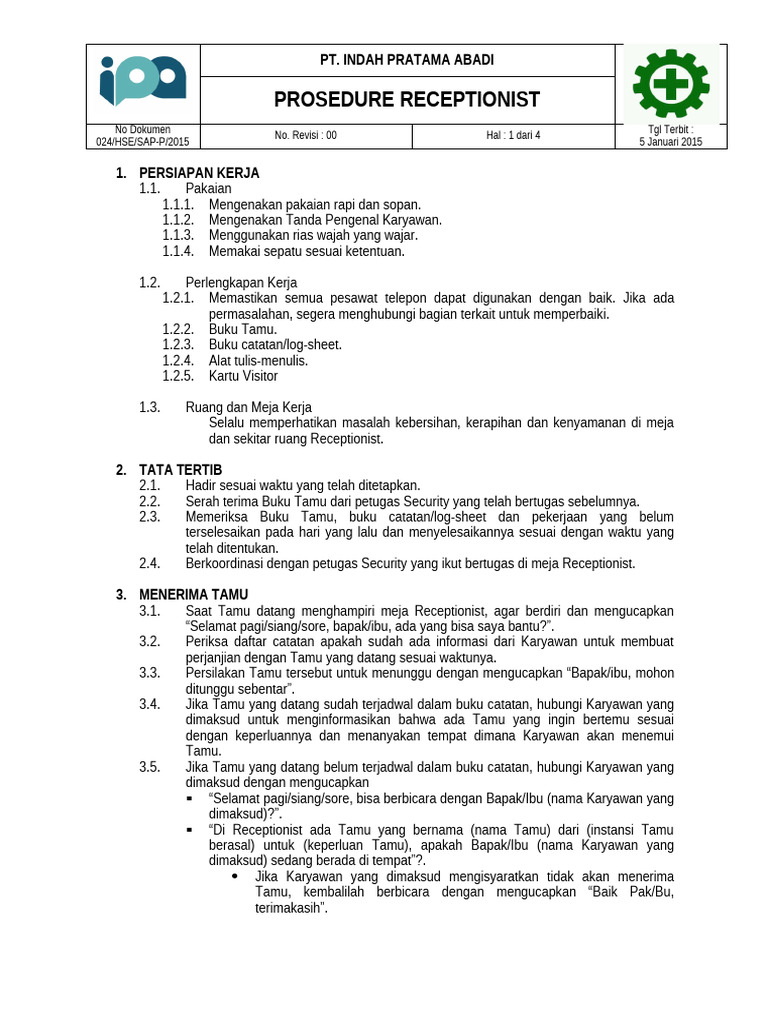 Prosedur - Receptionist | PDF