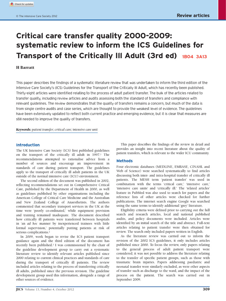 Barratt 2012 Critical Care Transfer Quality 2000 2009 Systematic Review To Inform The Ics ...