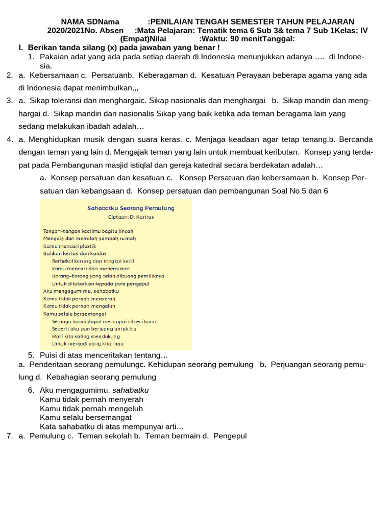 Soal Pts Tema 6 Sub 3 Dan Tema 7 Sub 1 | PDF