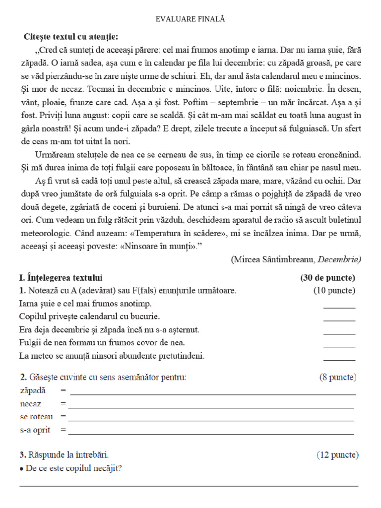 Evaluare Finala Romana 4 | PDF
