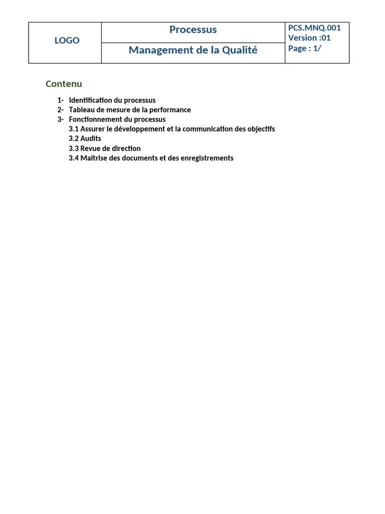 Fiche Processus Management Qualité | PDF