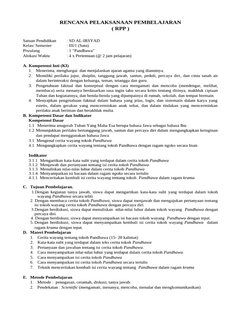 RPP Bahasa Jawa K 13 Kelas 3 Semester 1 | PDF